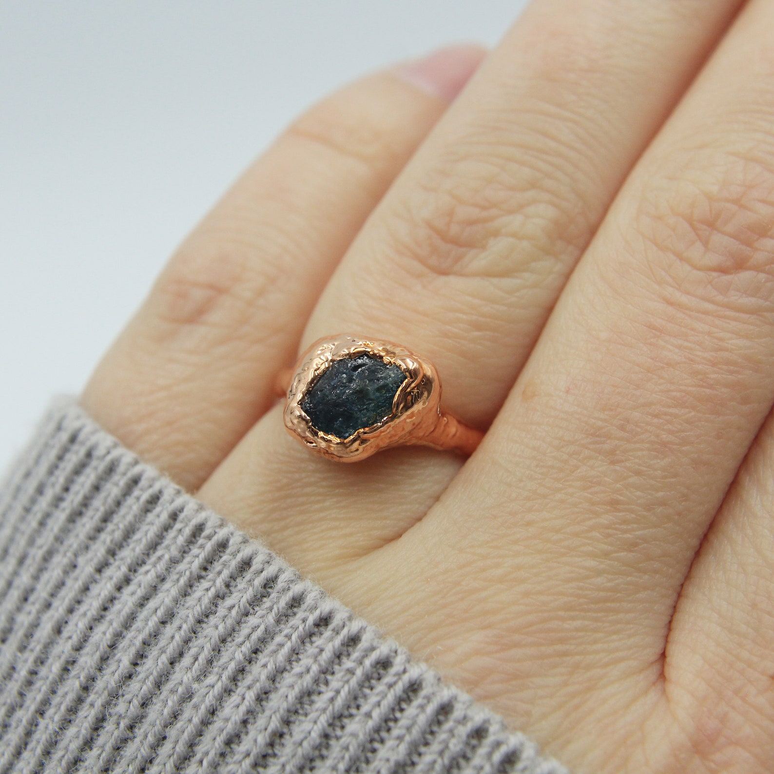 Blue Apatite Ring With Electroformed Copper Band // Raw Stone Ring ...