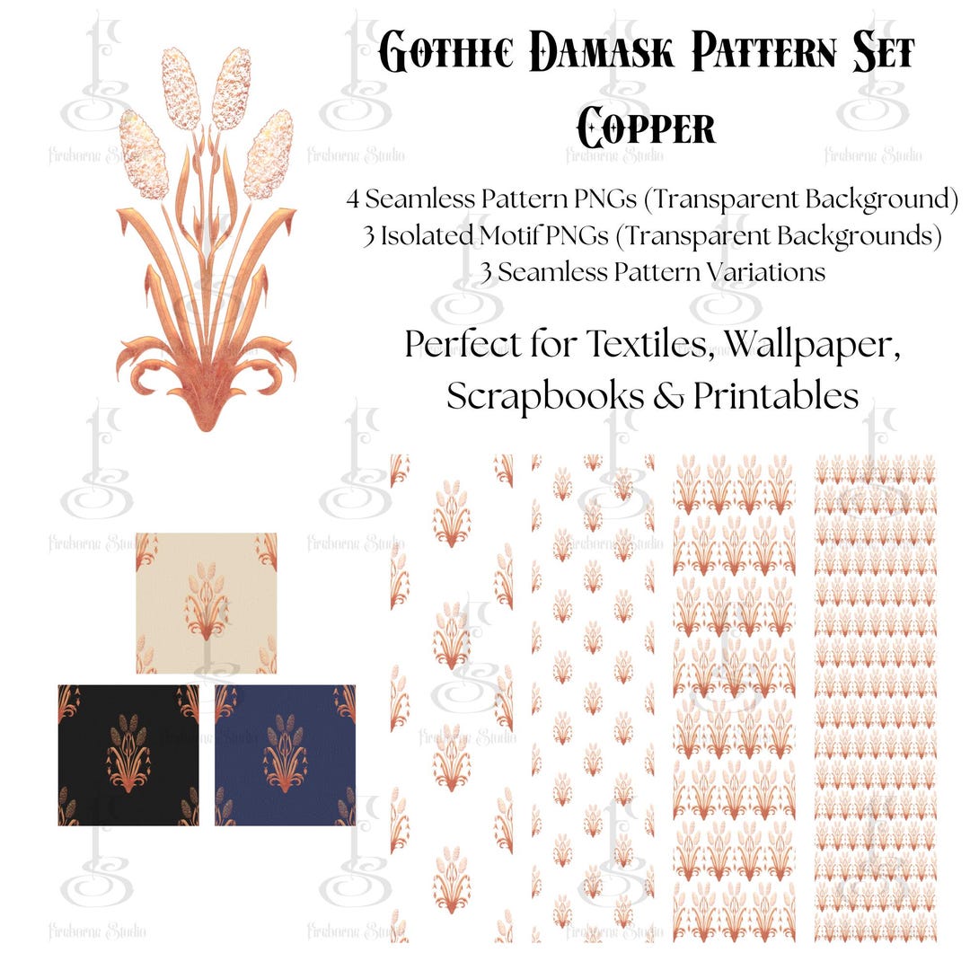 Copper Cattail Damask –seamless Pattern & PNG Motifs Botanical Digital ...
