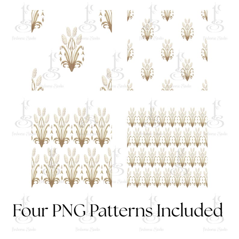 Antique Brass Cattail Damask – Seamless Pattern & PNG Motifs Botanical ...
