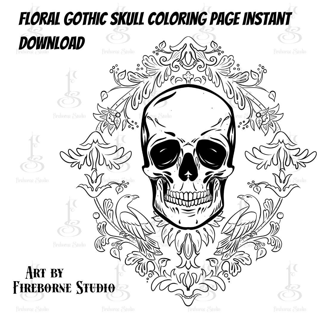 Skull Coloring Page, Gothic Floral Halloween, Download & Print PNG, PDF ...