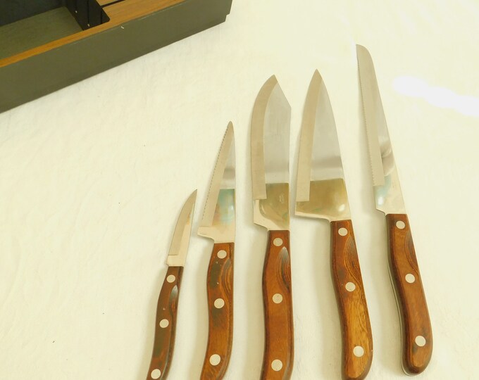 5 Pc Vintage Chefco Kitchen Knife Set, Wooden Handle, Wall Mount ...
