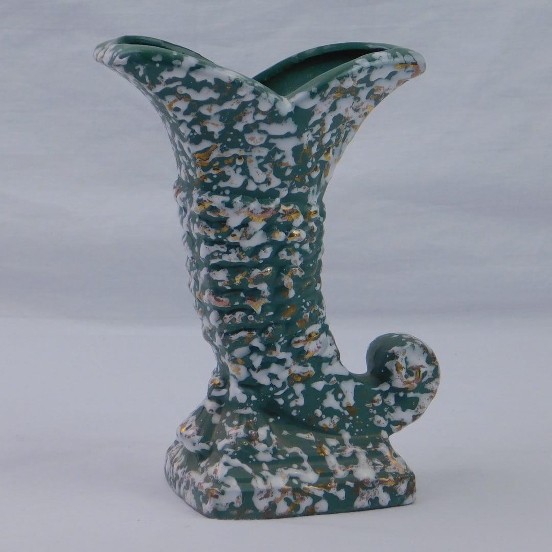 Vintage Savoy Ceramic Cornucopia Vase, Decorative Green, White Splatter ...