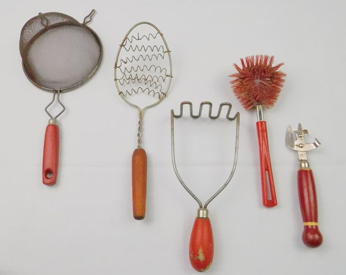 Choice of Red Handled Wooden Kitchen Utensils. Vintage Housekeeping ...