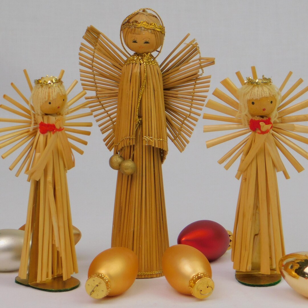 3 Angel Christmas Ornament Wood Faces, Reed, Raffia, Straw. Vintage ...
