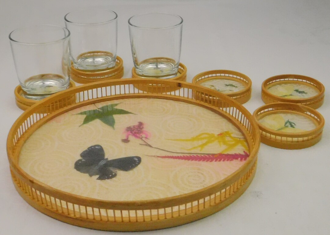 Rattan Butterfly Tray and 6 Coasters. Vintage Serving Tray, Beautifully ...