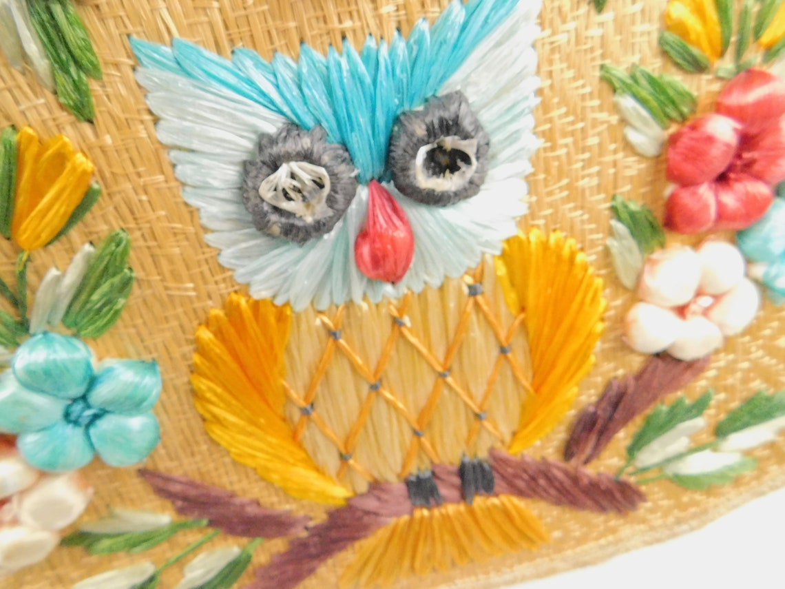 Owl Rattan Handbag. Vintage Straw Purse With Colorful Owl. | Etsy