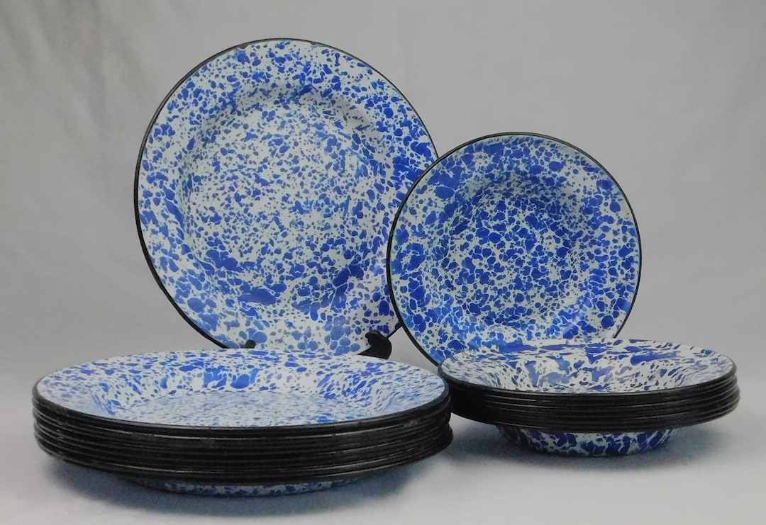 Vintage Blue Swirl Enamelware Bowls, 8" Spongeware Kitchen Decor ...