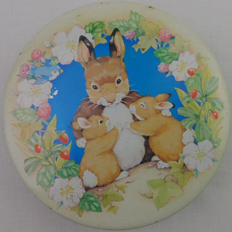 Vintage Easter Tin Bunny Rabbit Floral Spring Candy Container ...
