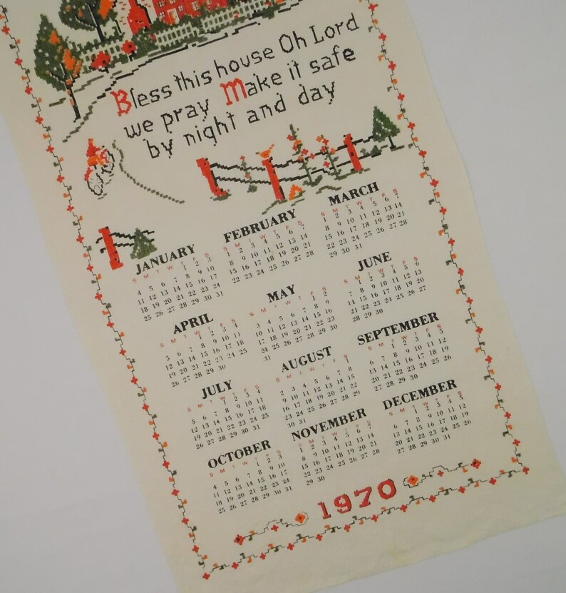 Vintage 1970 Pure Linen Calendar Tea Towel Bless This House Prayer Farm ...