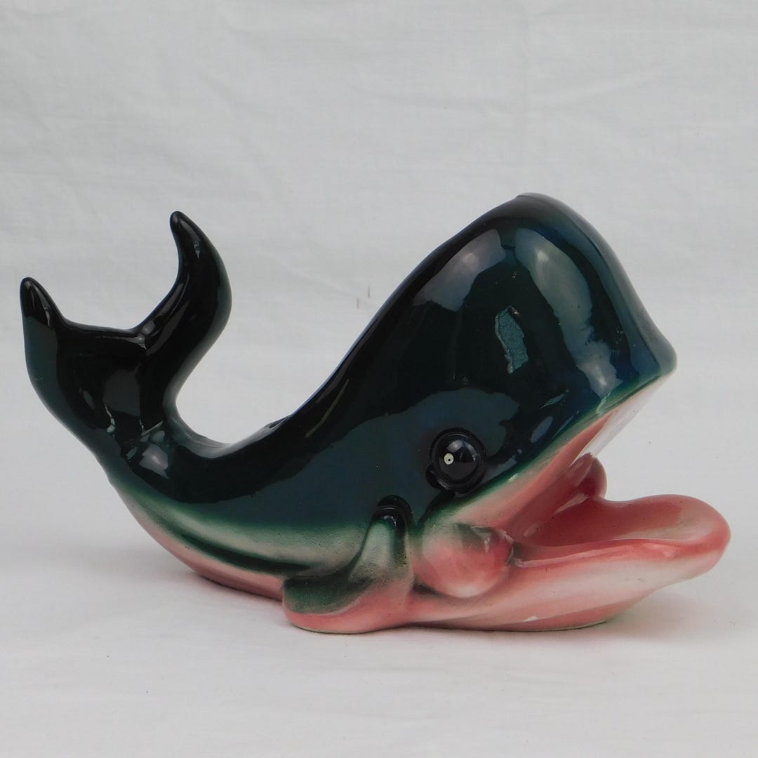 Vintage Whale Planter Orca Ceramic Japan Label Dark Green Pink Base Mid ...