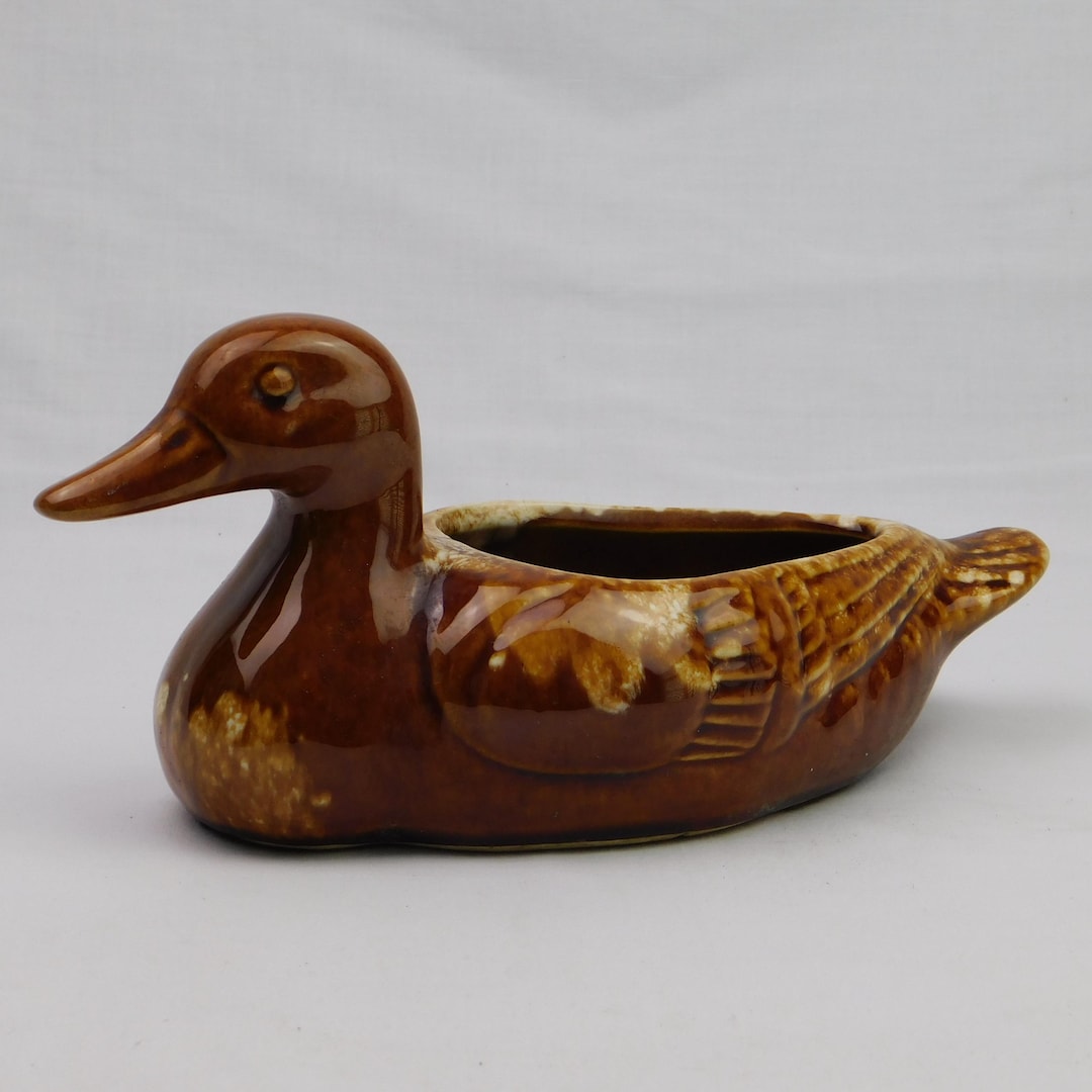 Vintage Mallard Duck Planter, Brown Drip Glaze Pottery, Farmhouse Decor ...