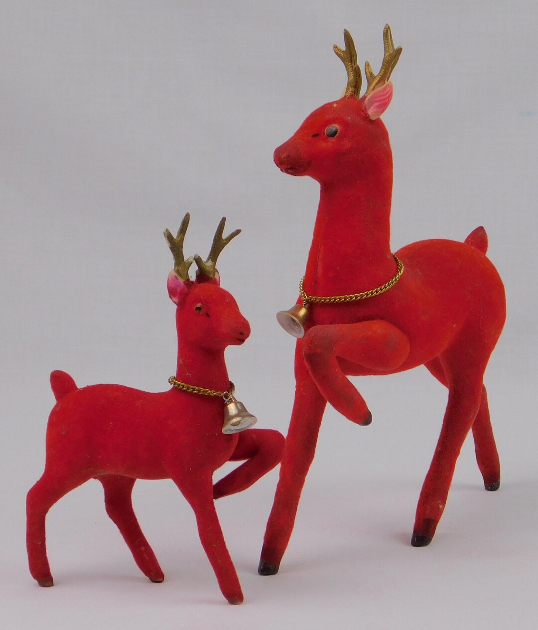 2 Red Flocked Reindeer, Made in Japan. Vintage Christmas Decoration ...