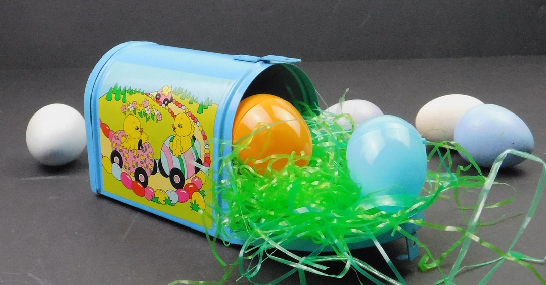 Mailbox Easter Tin. Vintage Metal Candy Container Plastic Grass, Eggs ...