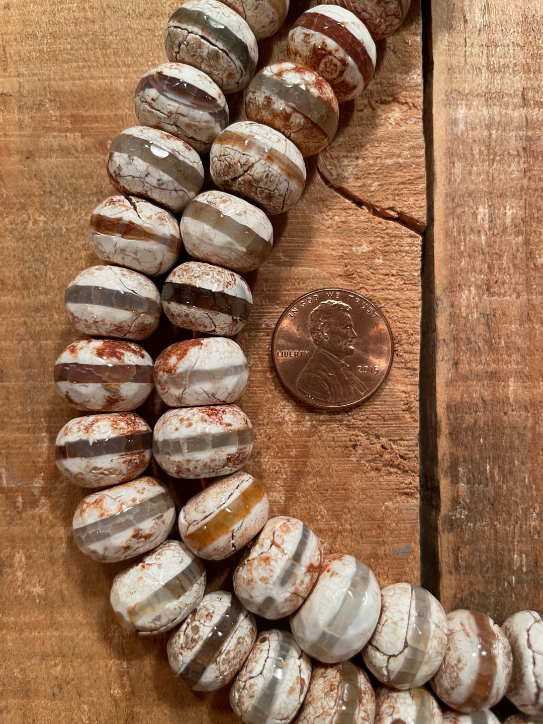 Tibetan DZI Agate Line Pattern 15mm X 10mm Faceted Rondelle Beads, 5 ...