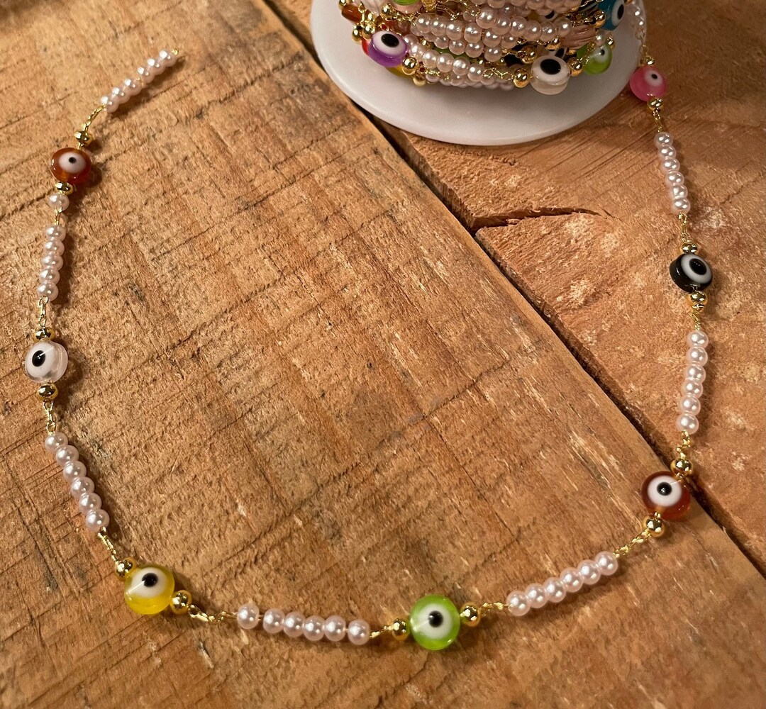 Bulk Pearl Multi-color Evil Eye Gold Plated Chain, Dainty Chain ...