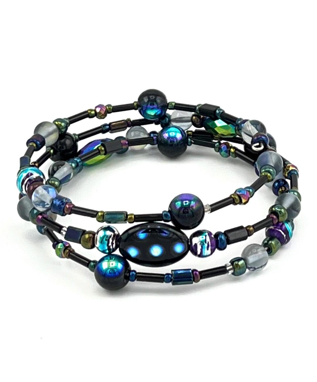 Black Iridescent Sea Glass Mermaid Bracelet, Memory Wire, Stack, Coil ...