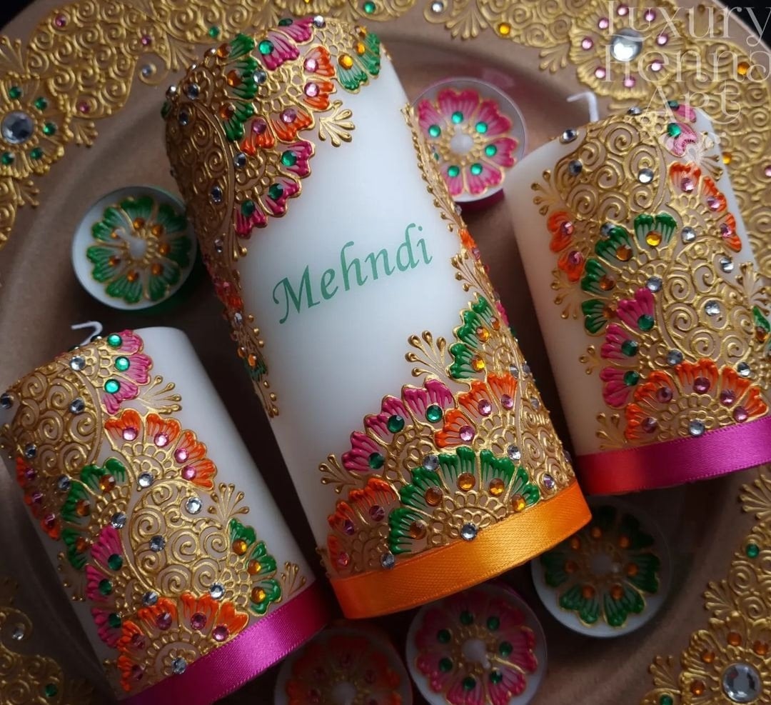 Set of 3 Henna Design Candles | Personalised | Wedding | Mehndi ...