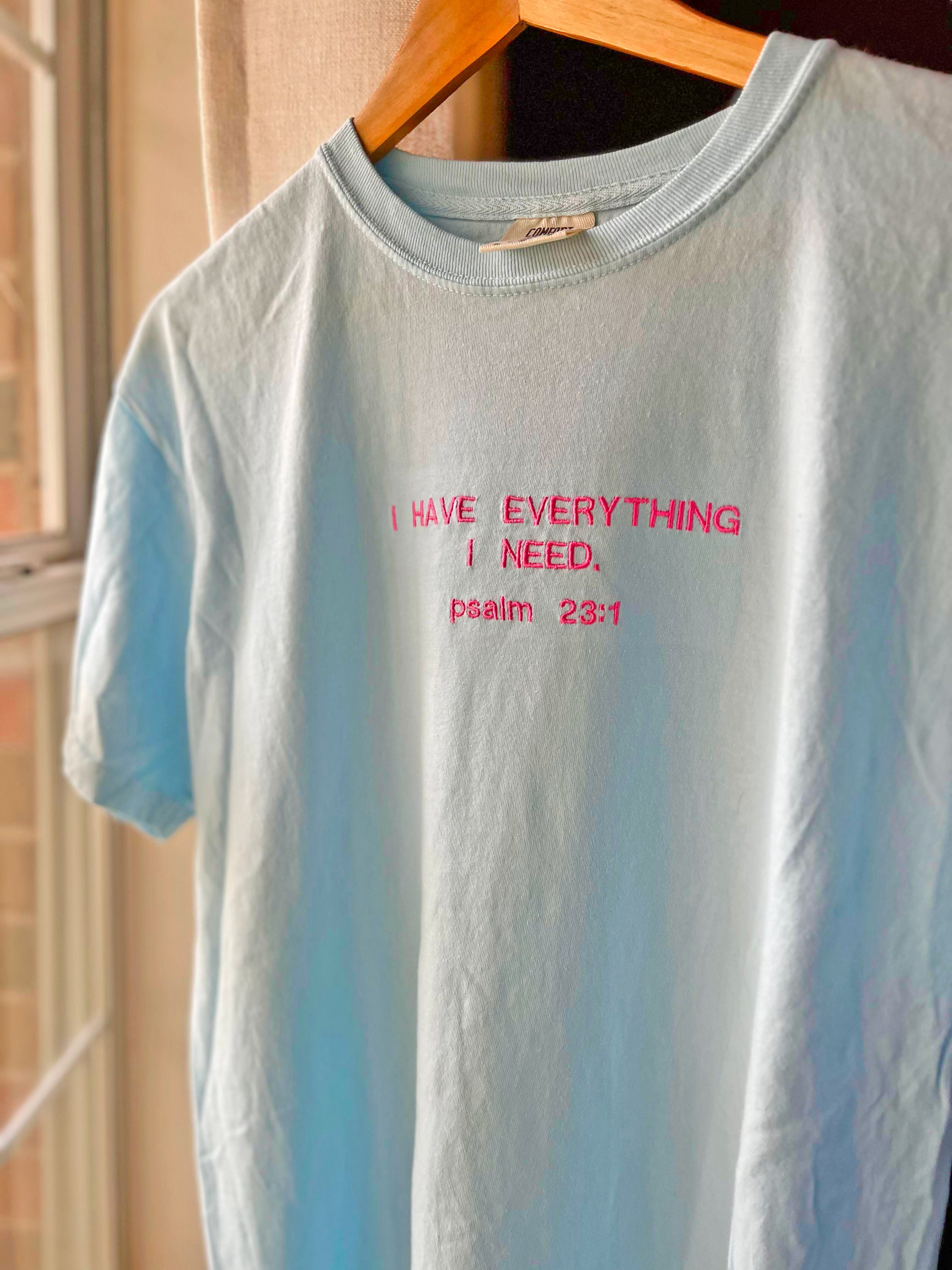 Psalm 23 Embroidered Christian T-shirt - Comfort Colors Chambray Blue ...