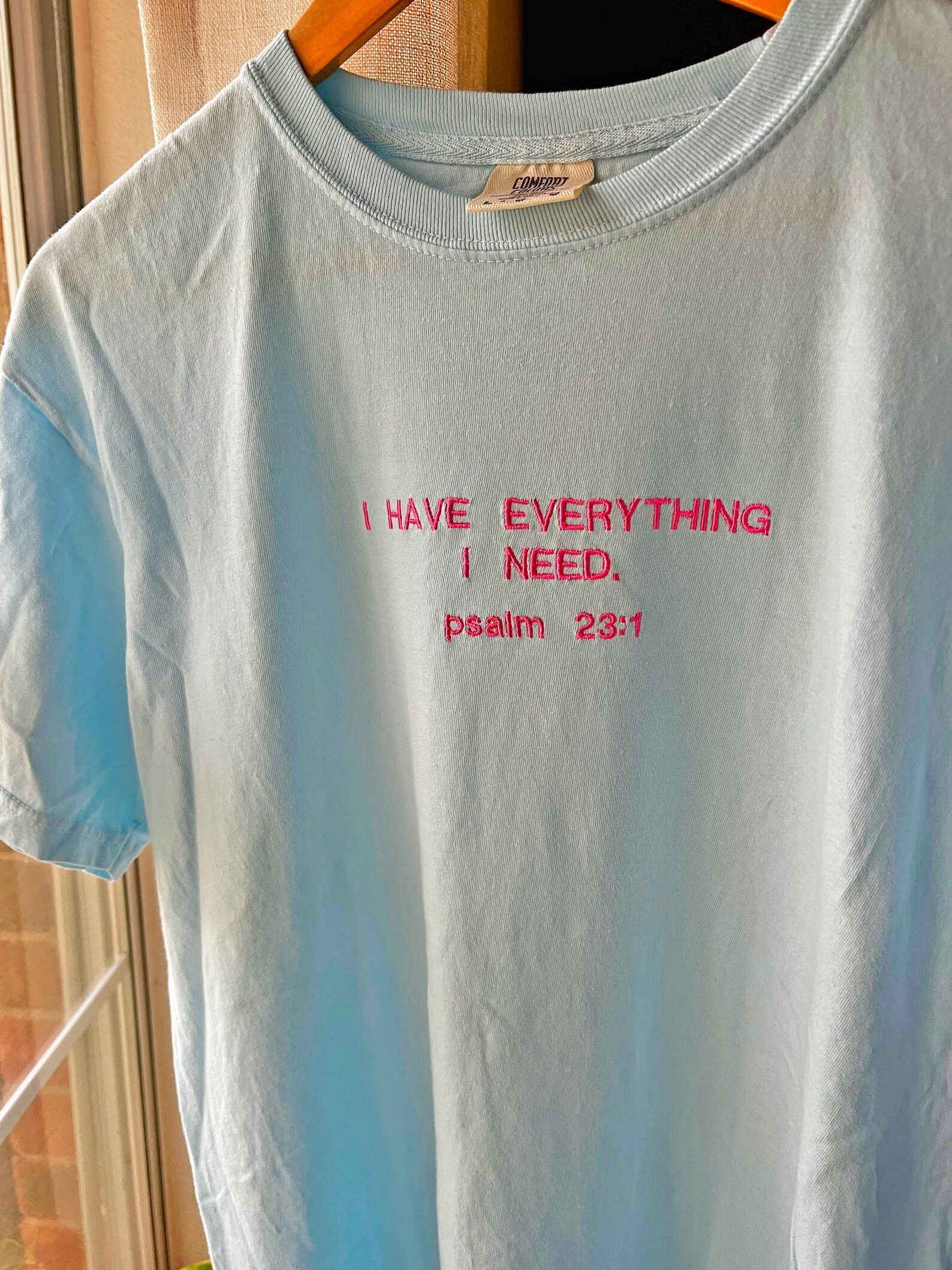 Psalm 23 Embroidered Christian T-shirt - Comfort Colors Chambray Blue ...