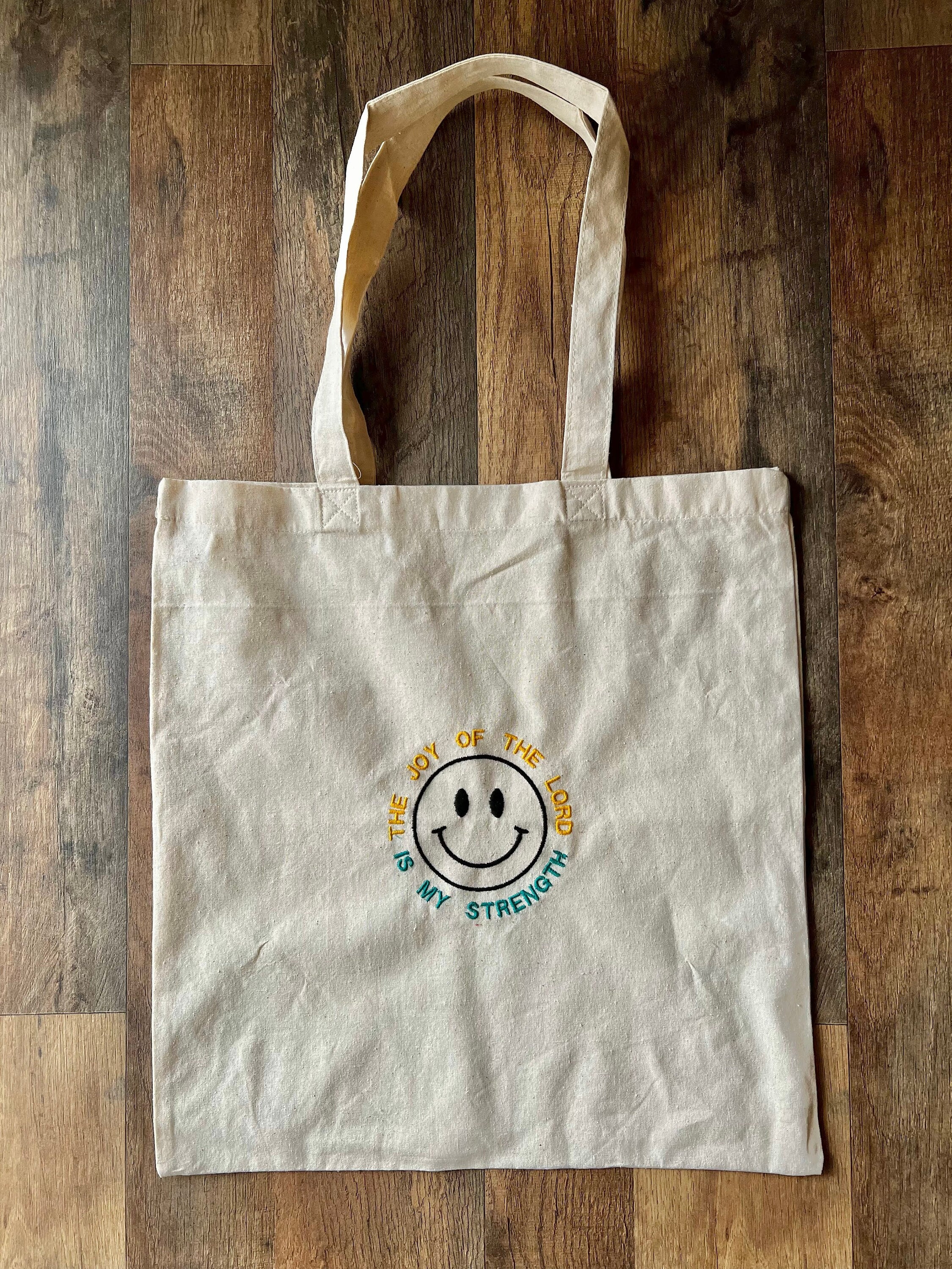 Embroidered Smiley Face Tote Bag | the Joy of the Lord is My Strength ...