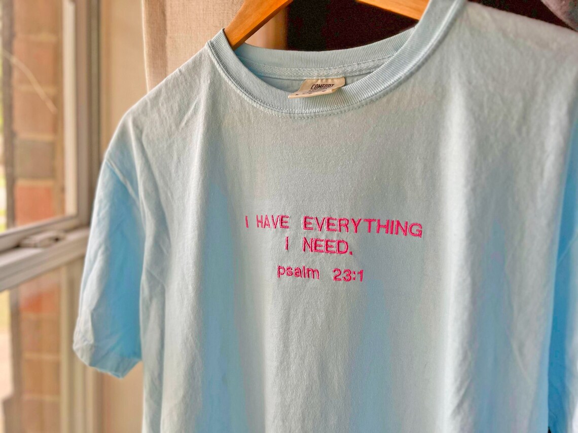 Psalm 23 Embroidered Christian T-shirt - Comfort Colors Chambray Blue ...