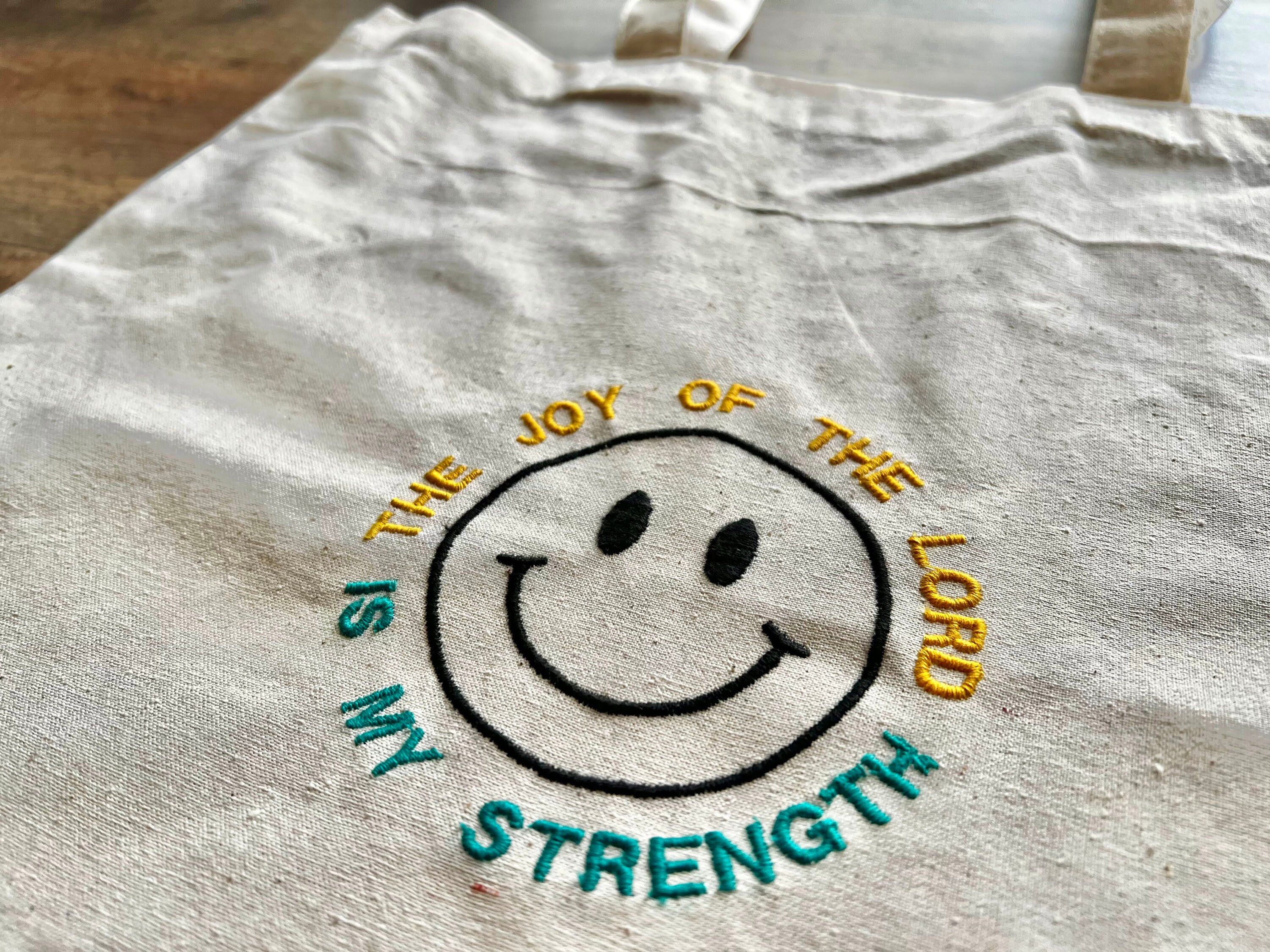 Embroidered Smiley Face Tote Bag | the Joy of the Lord is My Strength ...