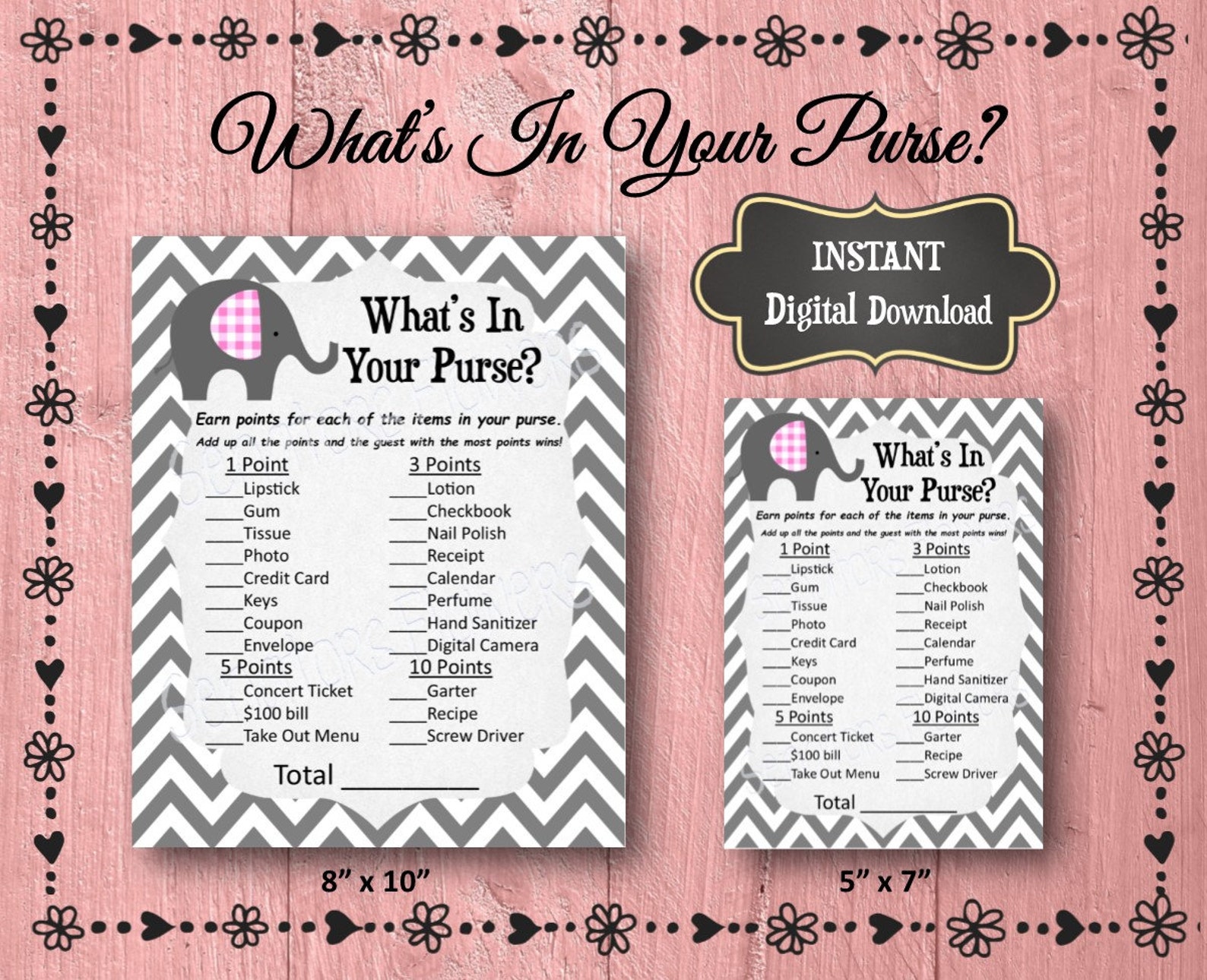 What's in Your Purse Baby Shower Game INSTANT DOWNLOAD Baby Elephant ...