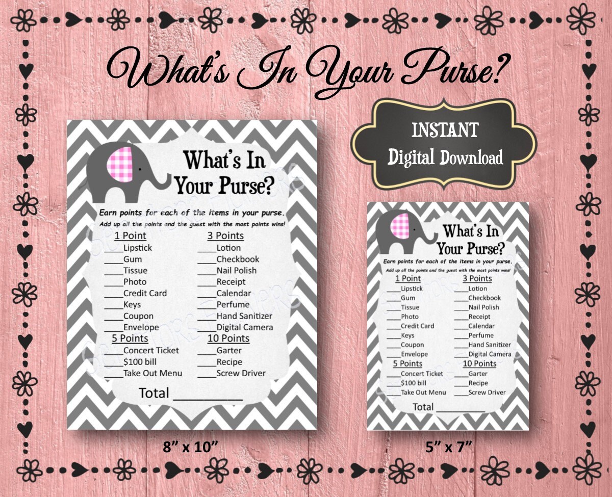 What's in Your Purse Baby Shower Game INSTANT DOWNLOAD Baby Elephant ...