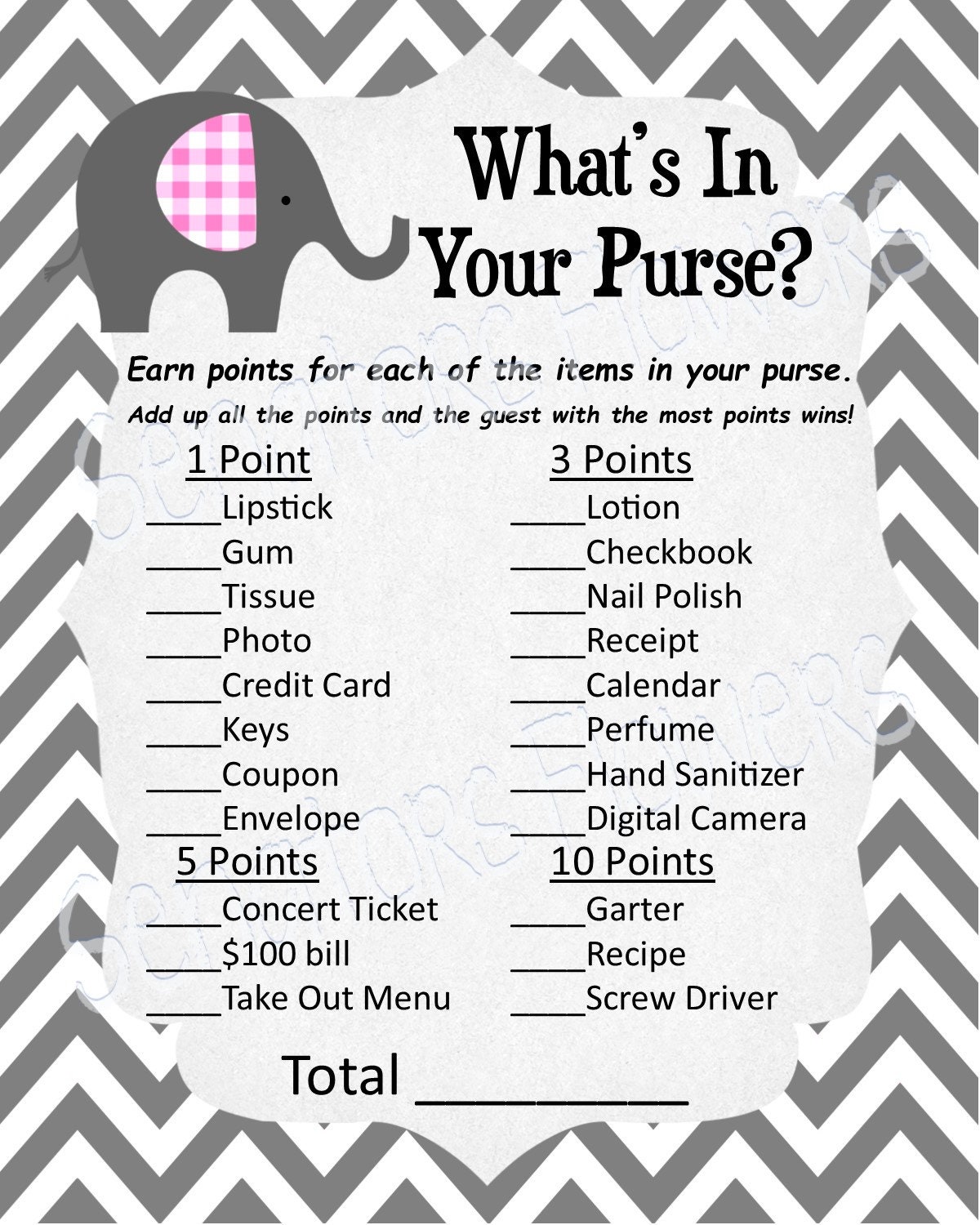 What's in Your Purse Baby Shower Game INSTANT DOWNLOAD Baby Elephant ...