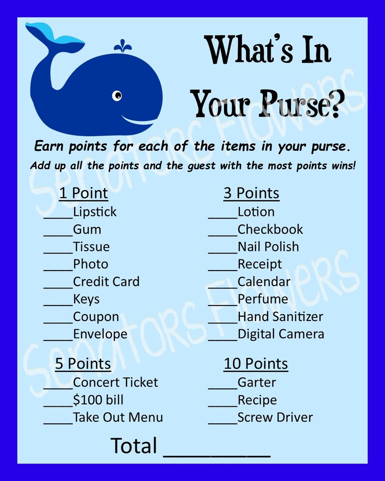 What's in Your Purse Baby Shower Game INSTANT DOWNLOAD Blue Whale 8 X ...
