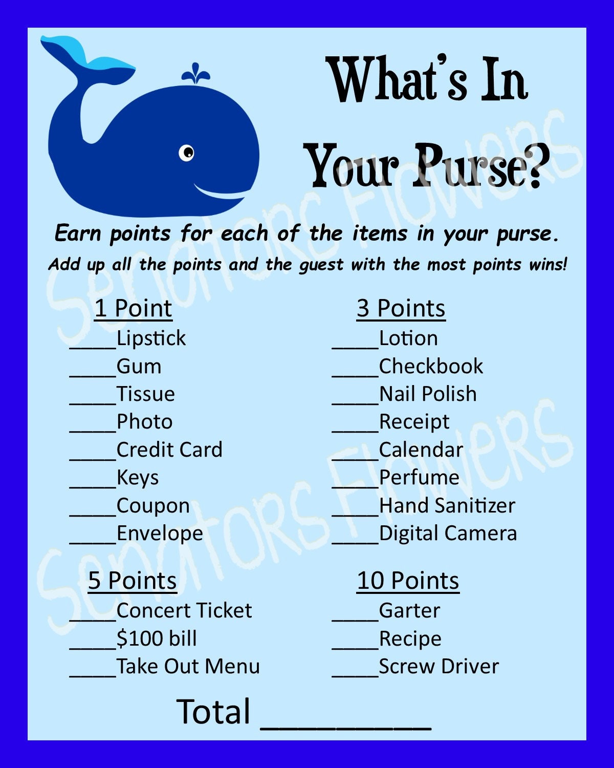 What's in Your Purse - Baby Shower Game- INSTANT DOWNLOAD - Blue Whale ...