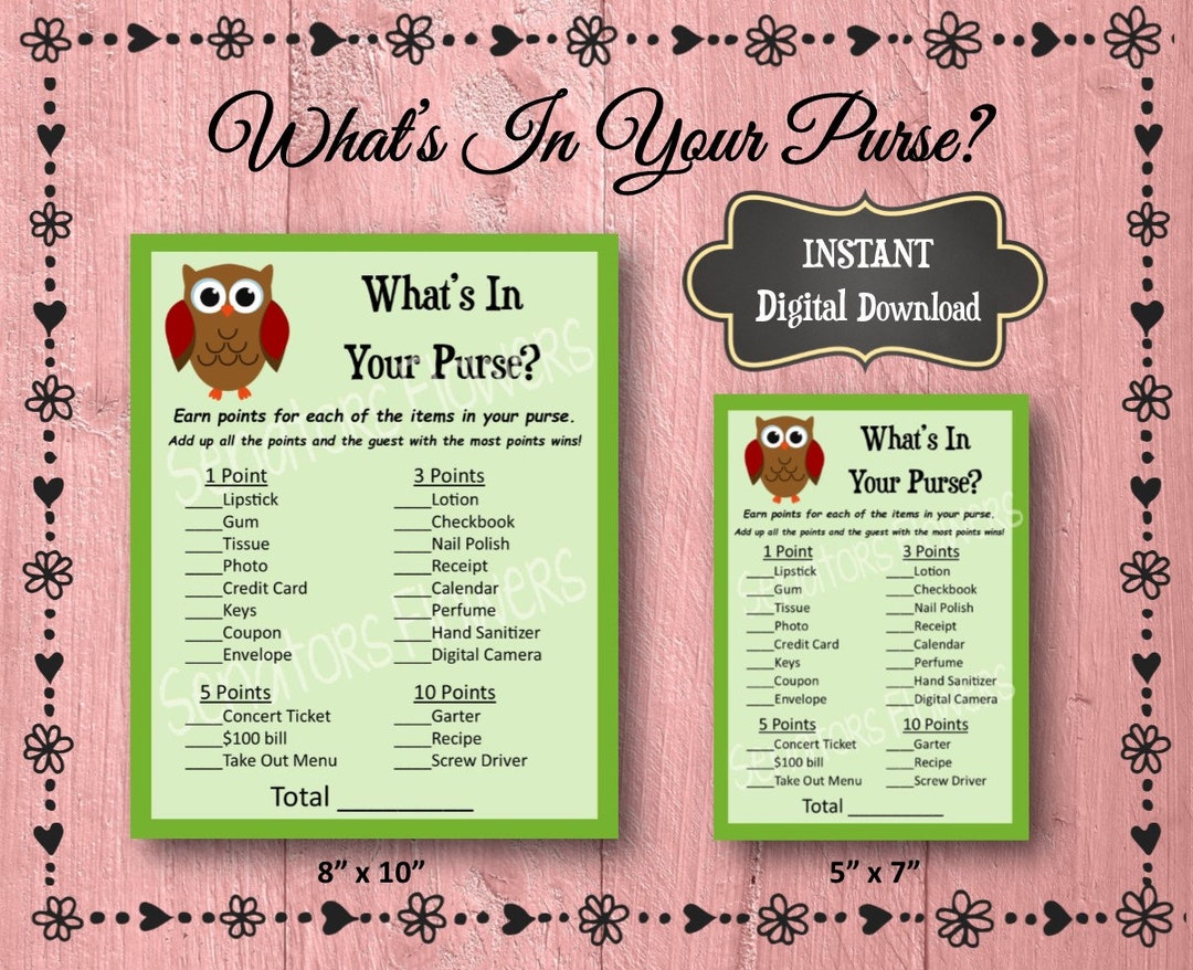 What's in Your Purse - Baby Shower Game- INSTANT DOWNLOAD - Green Owl ...