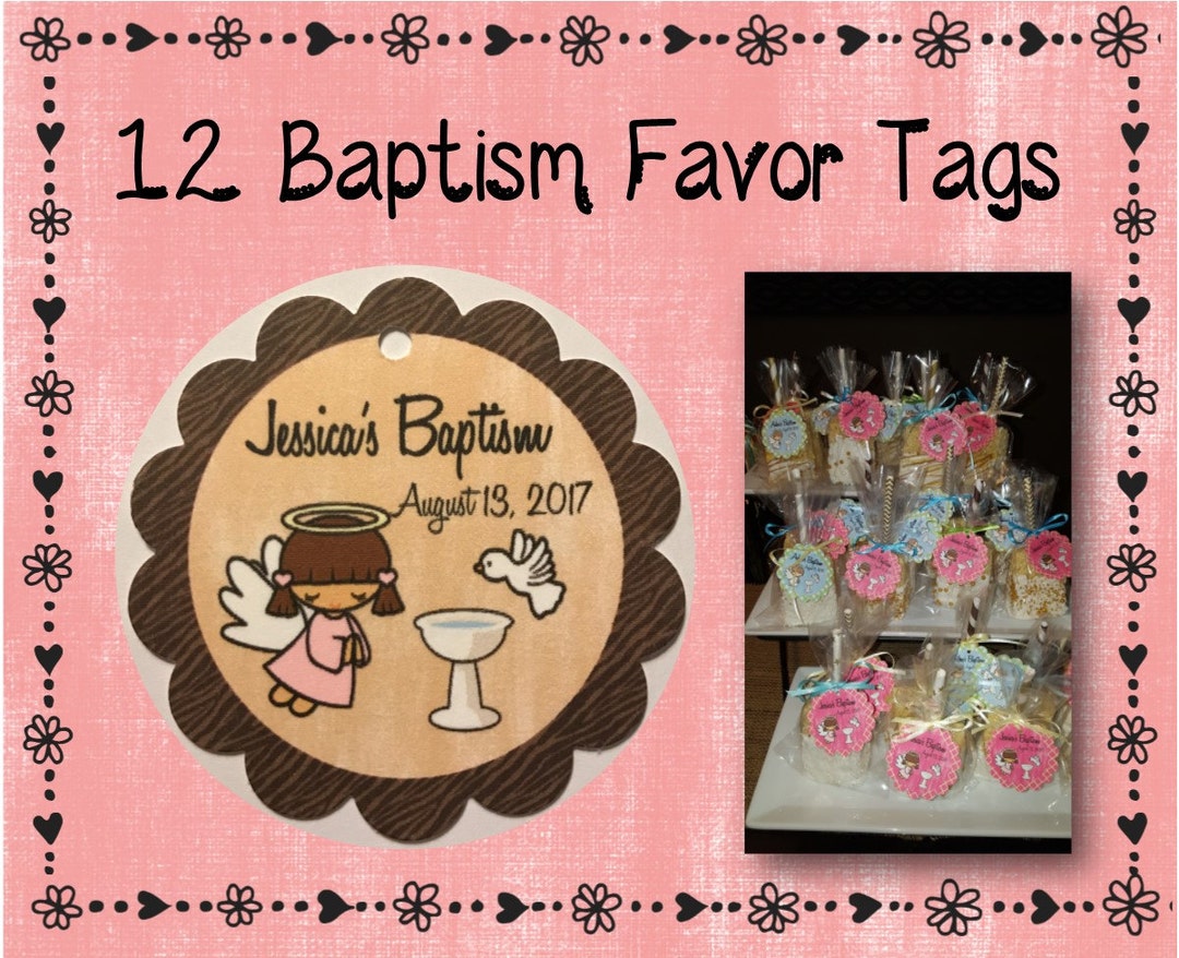 12 Personalized Baptism Favor Tags - 2" Round Scalloped Edge - Brown ...