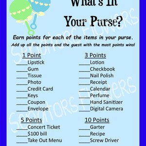 What's in Your Purse Baby Shower Game INSTANT DOWNLOAD Blue Rattle 8 X ...