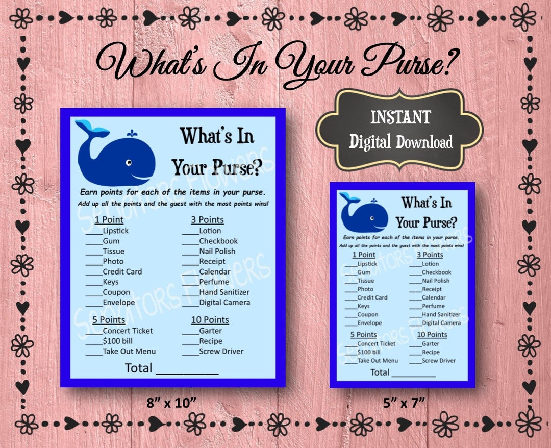 What's in Your Purse - Baby Shower Game- INSTANT DOWNLOAD - Blue Whale ...
