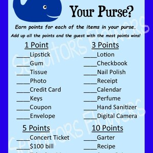 What's in Your Purse - Baby Shower Game- INSTANT DOWNLOAD - Blue Whale ...