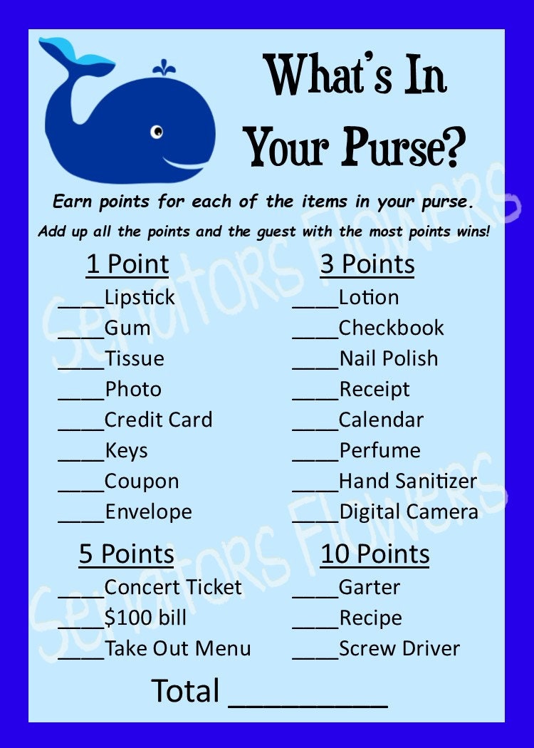 What's in Your Purse Baby Shower Game INSTANT DOWNLOAD Blue Whale 8 X ...