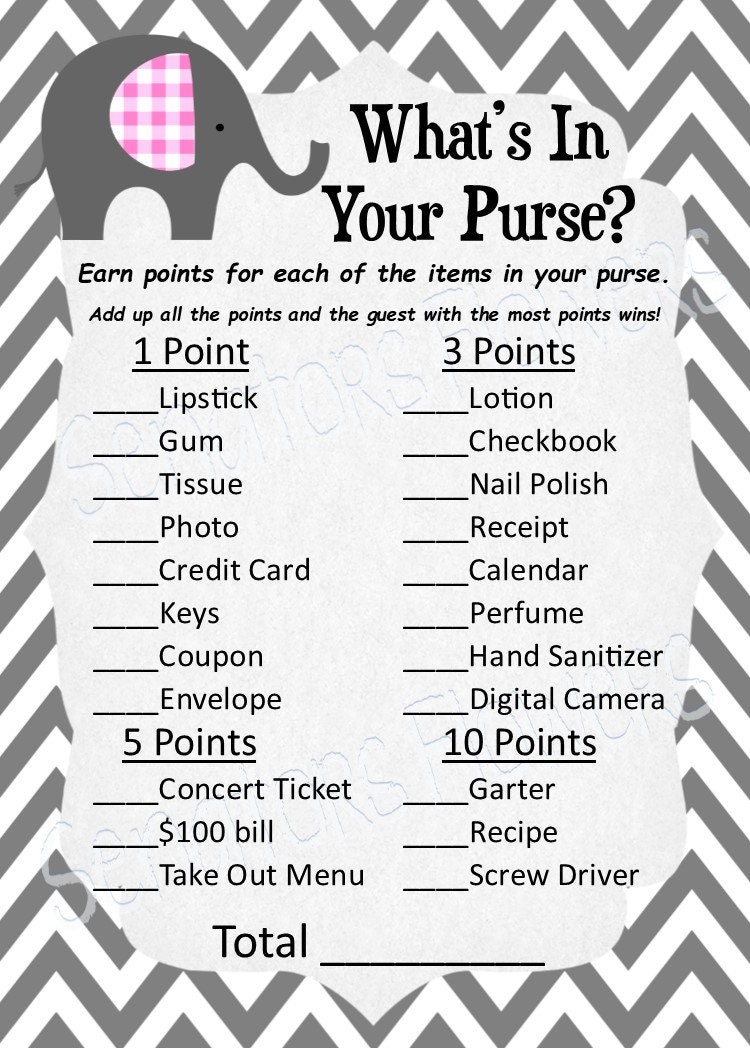 What's in Your Purse Baby Shower Game INSTANT DOWNLOAD Baby Elephant ...