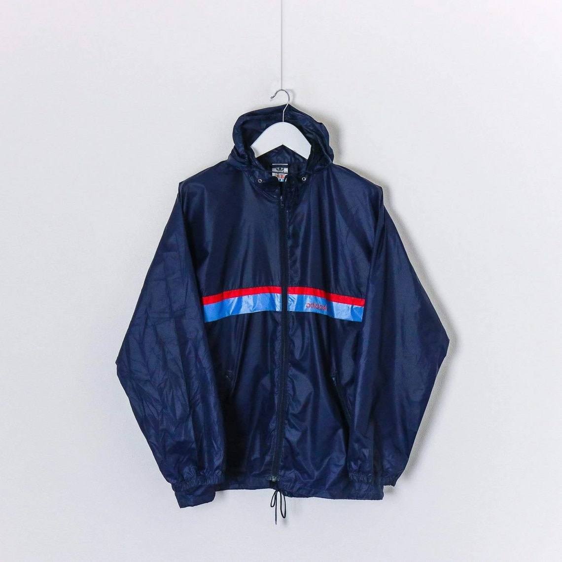 Rare Vintage 80s Adidas Trefoil Shiny Nylon Windbreaker Jacket Navy ...