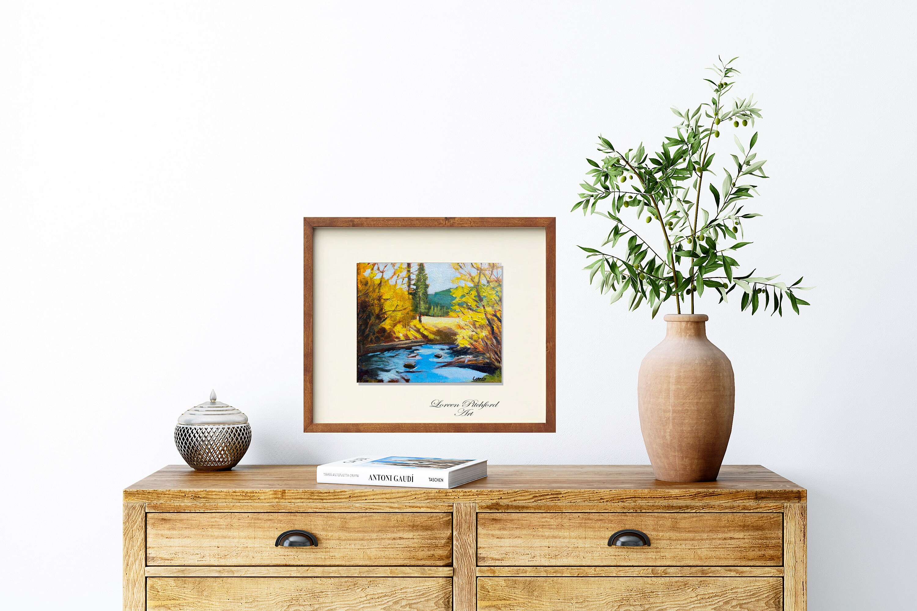 Original Small Acrylic Painting of Fall Scene With River and Mountain ...