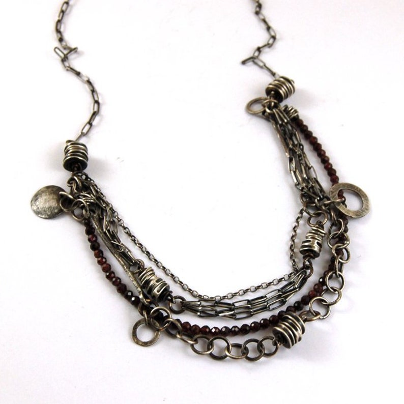 Garnet Silver Layered Necklace Silver Multi Strand Necklace - Etsy
