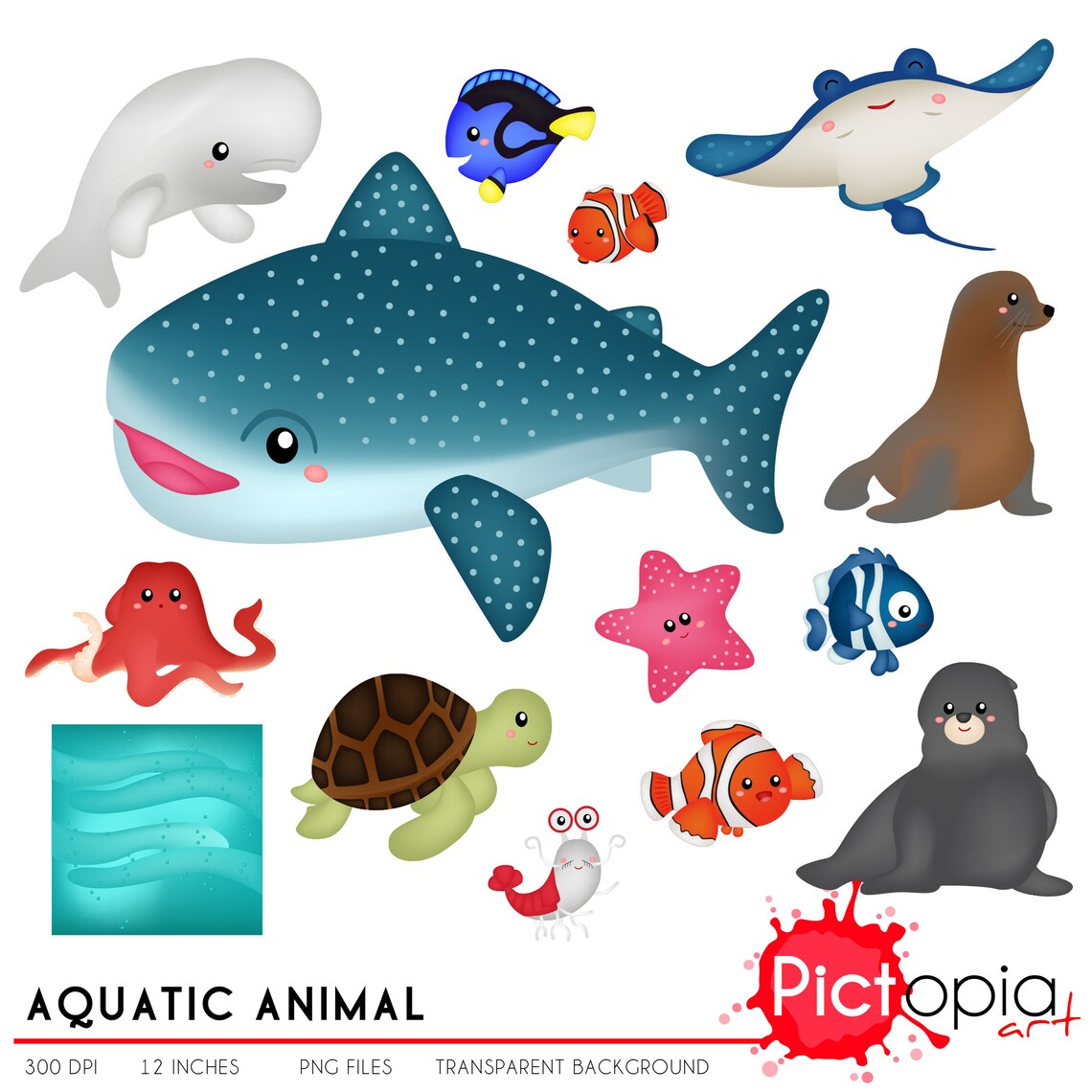 Aquatic animal Clipart Sea animal Clip Art Fish and | Etsy