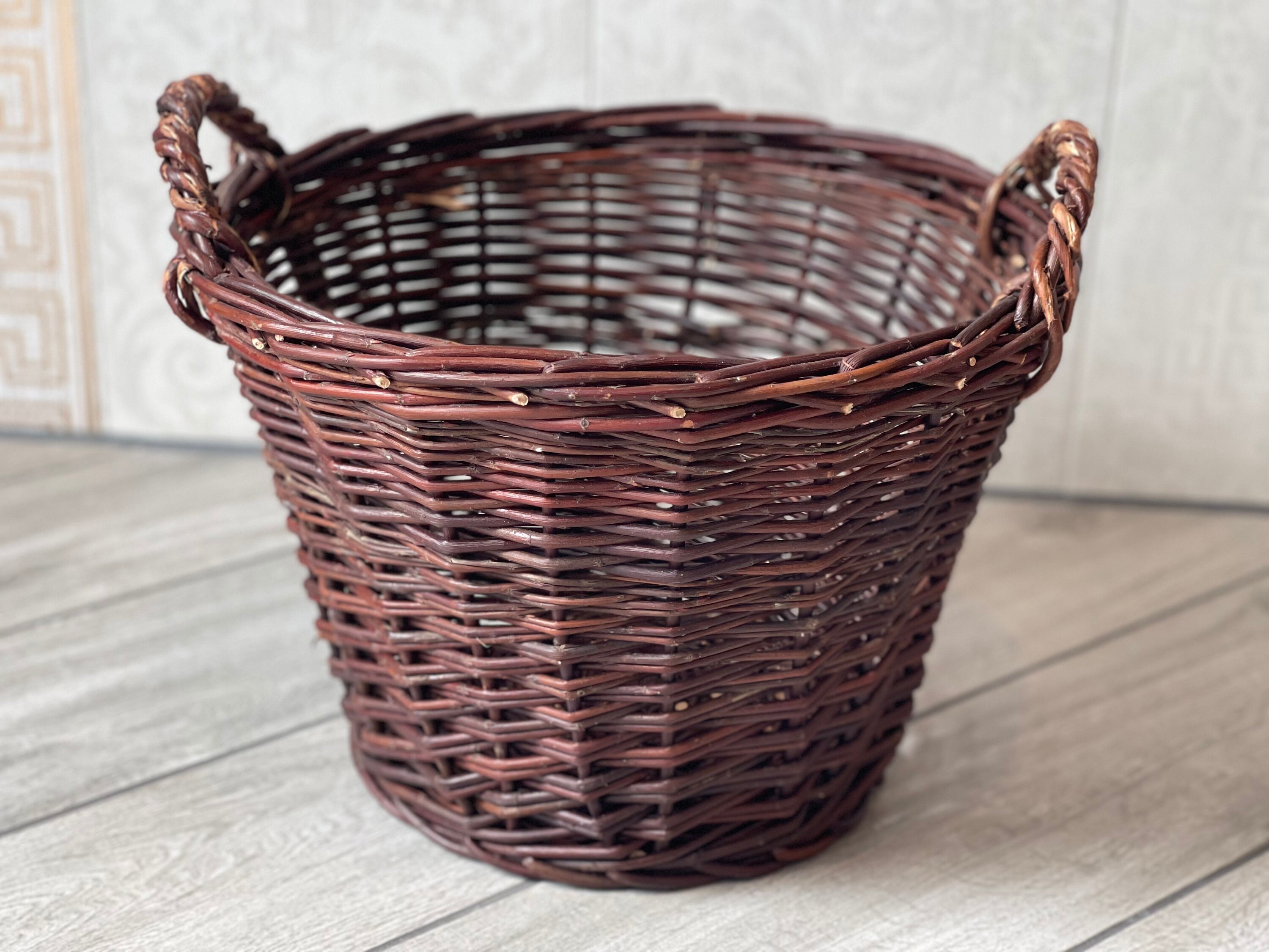 Home Delights Handmade Round Basket With Handles Dark Brown | Etsy