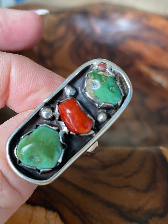 Vintage Turquoise and Red Coral Nugget Ring Set in St… - Gem