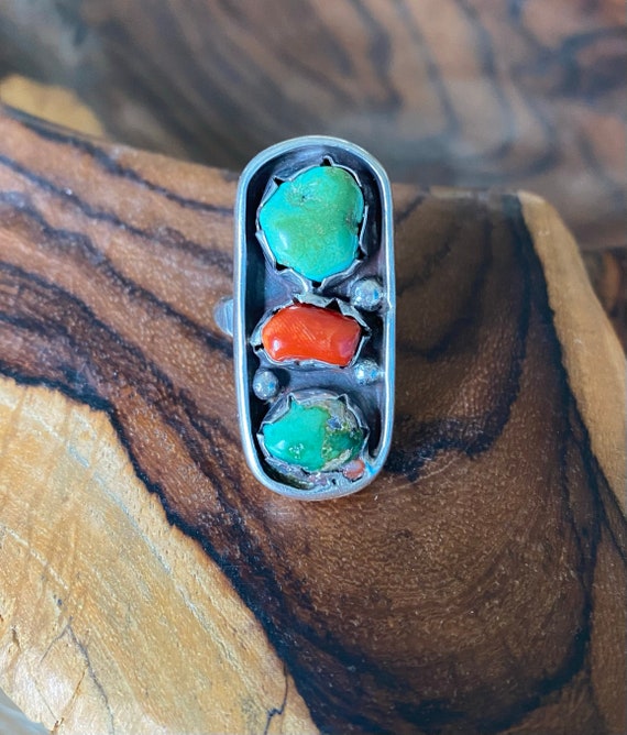 Vintage Turquoise and Red Coral Nugget Ring Set in St… - Gem