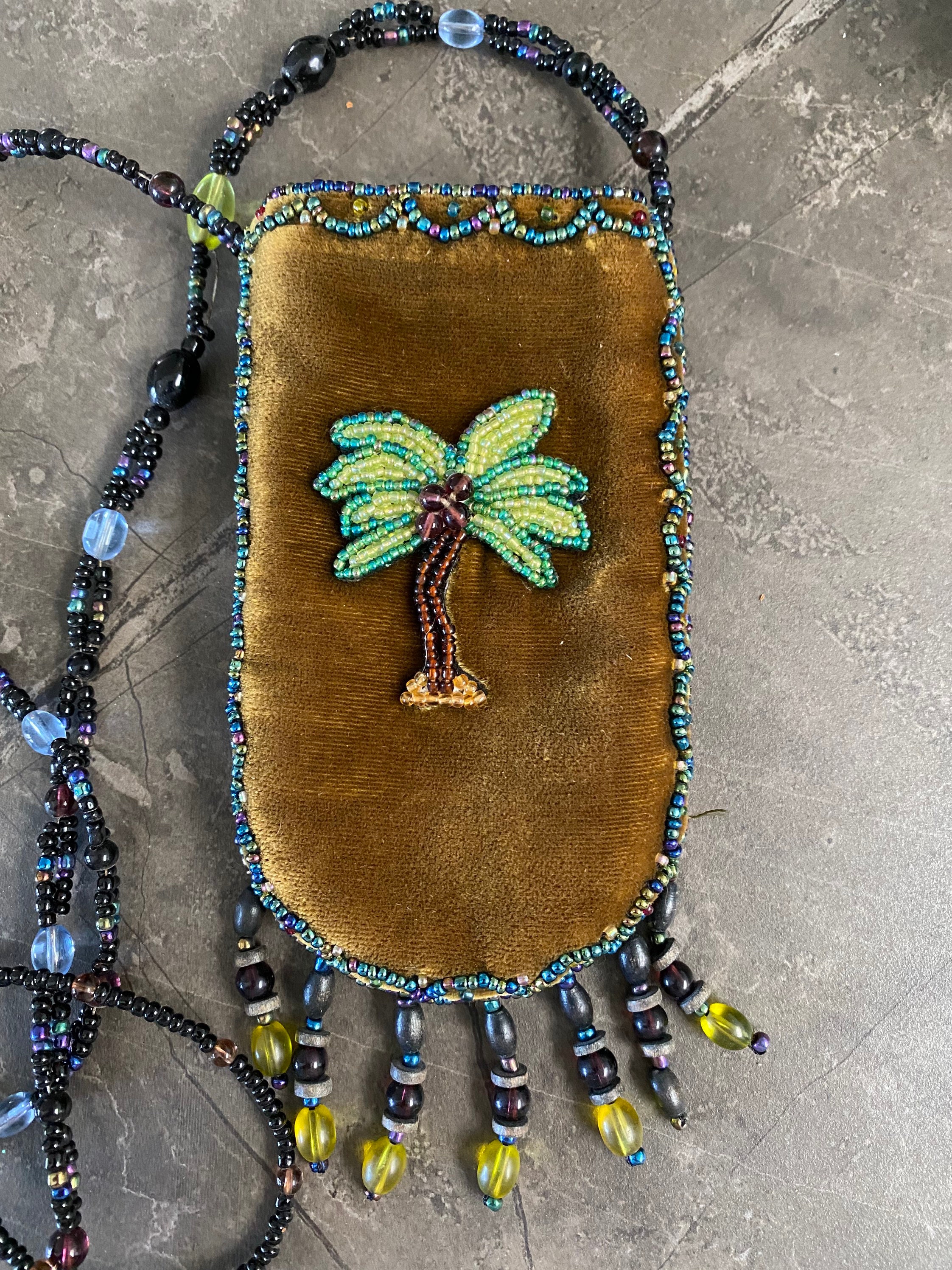 Vintage Olive Green Velvet Beaded Palm Tree Shaman Pouch Medicine Bag ...