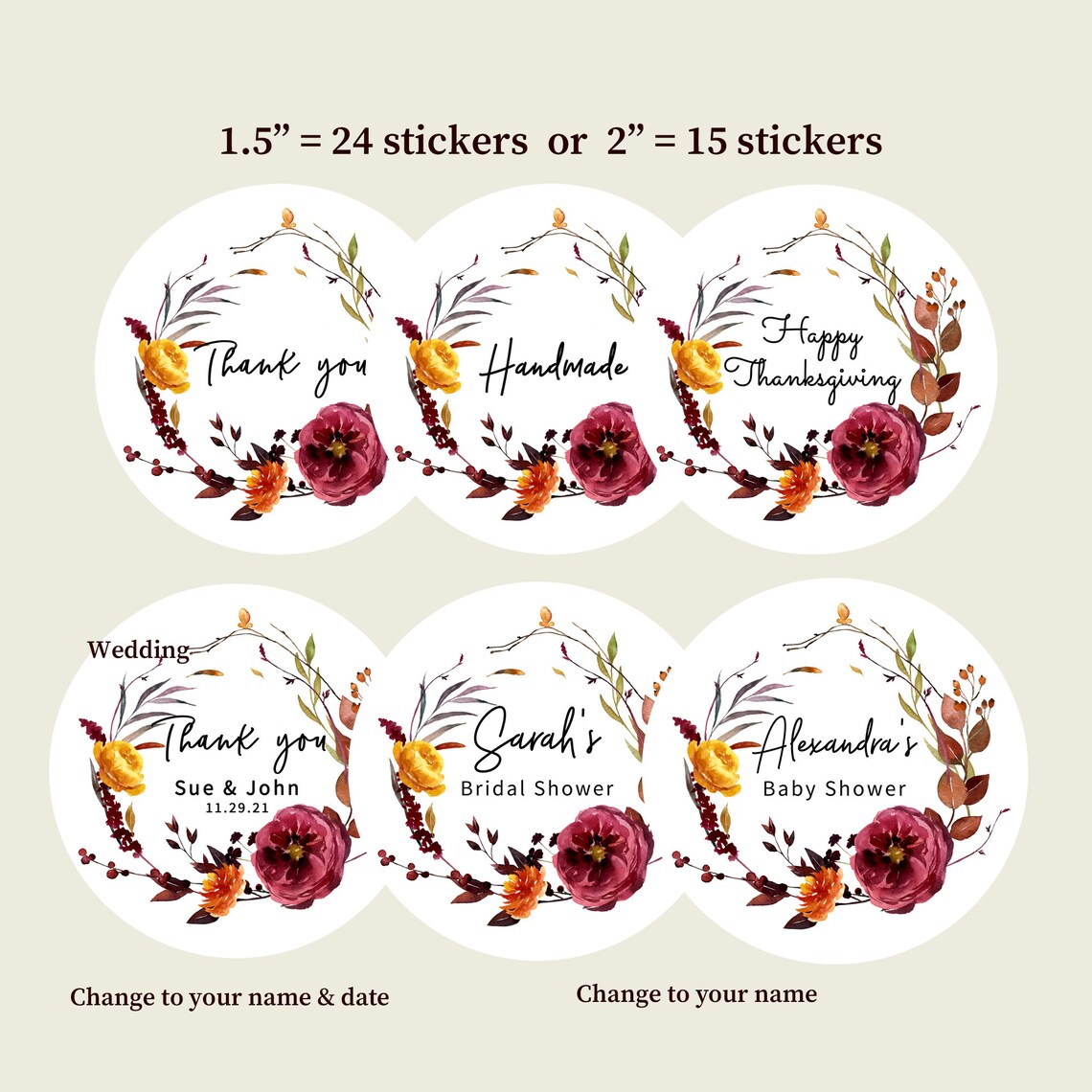 Fall Wreath Sticker for Wedding, Thanksgiving, Bridal Shower Labels ...
