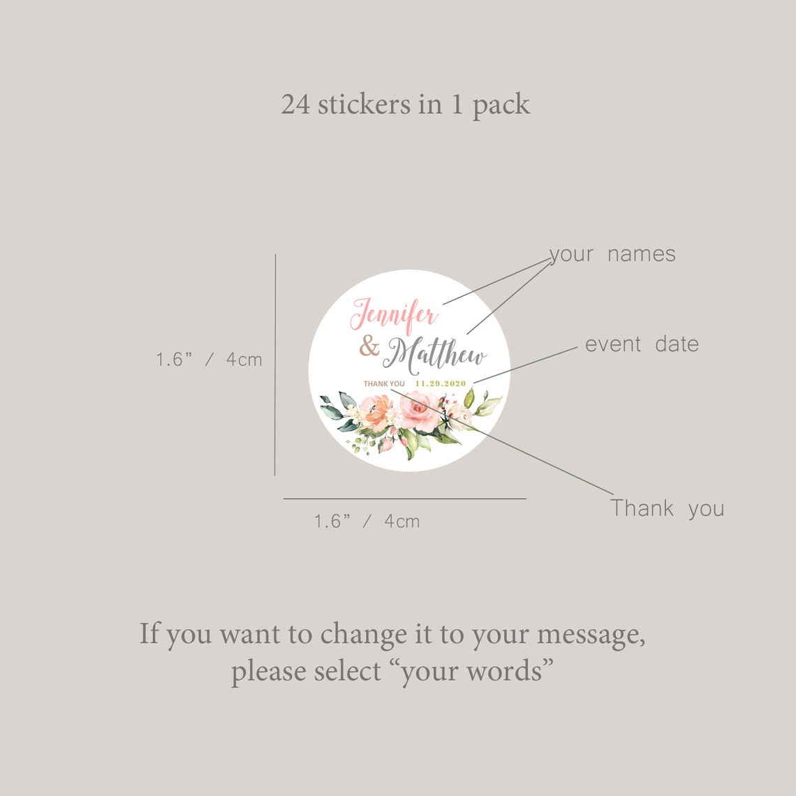 24 Floral Wedding Stickers, Flower Wedding Label, Wedding Favor Sticker ...