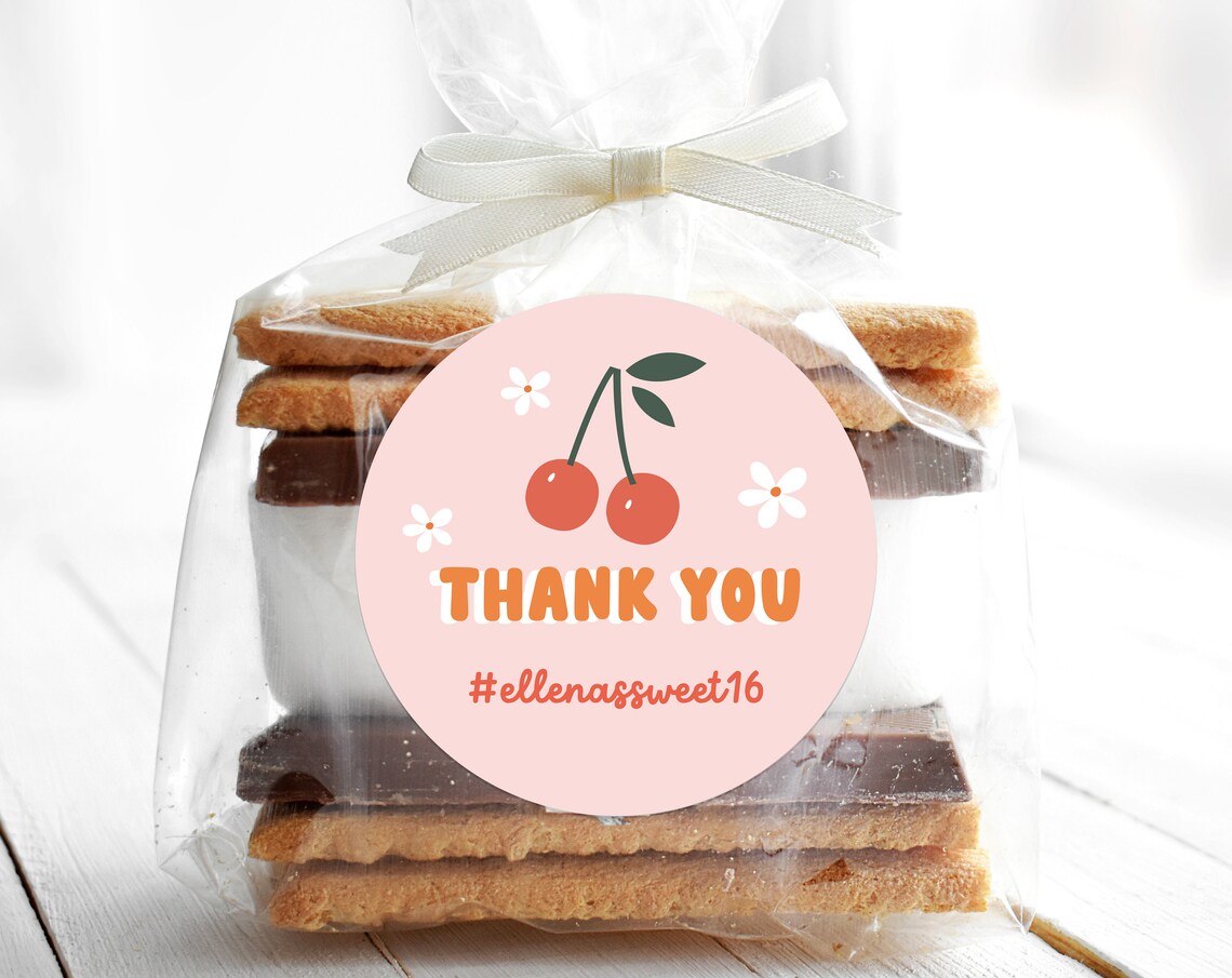 Cherry Pink Thank You Labels, Party Favor Thank You Sticker, Business ...
