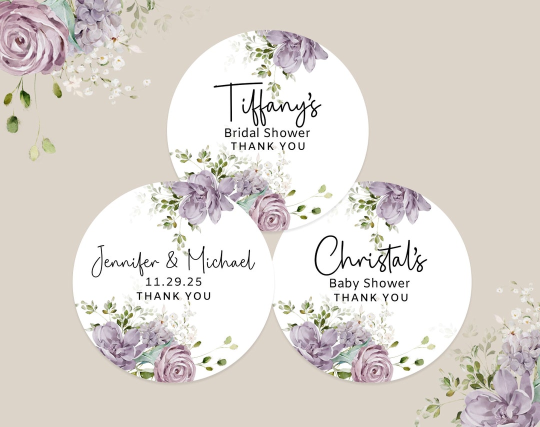 Purple Flower Wedding Labels, Violet Floral Baby Shower Favor Label ...